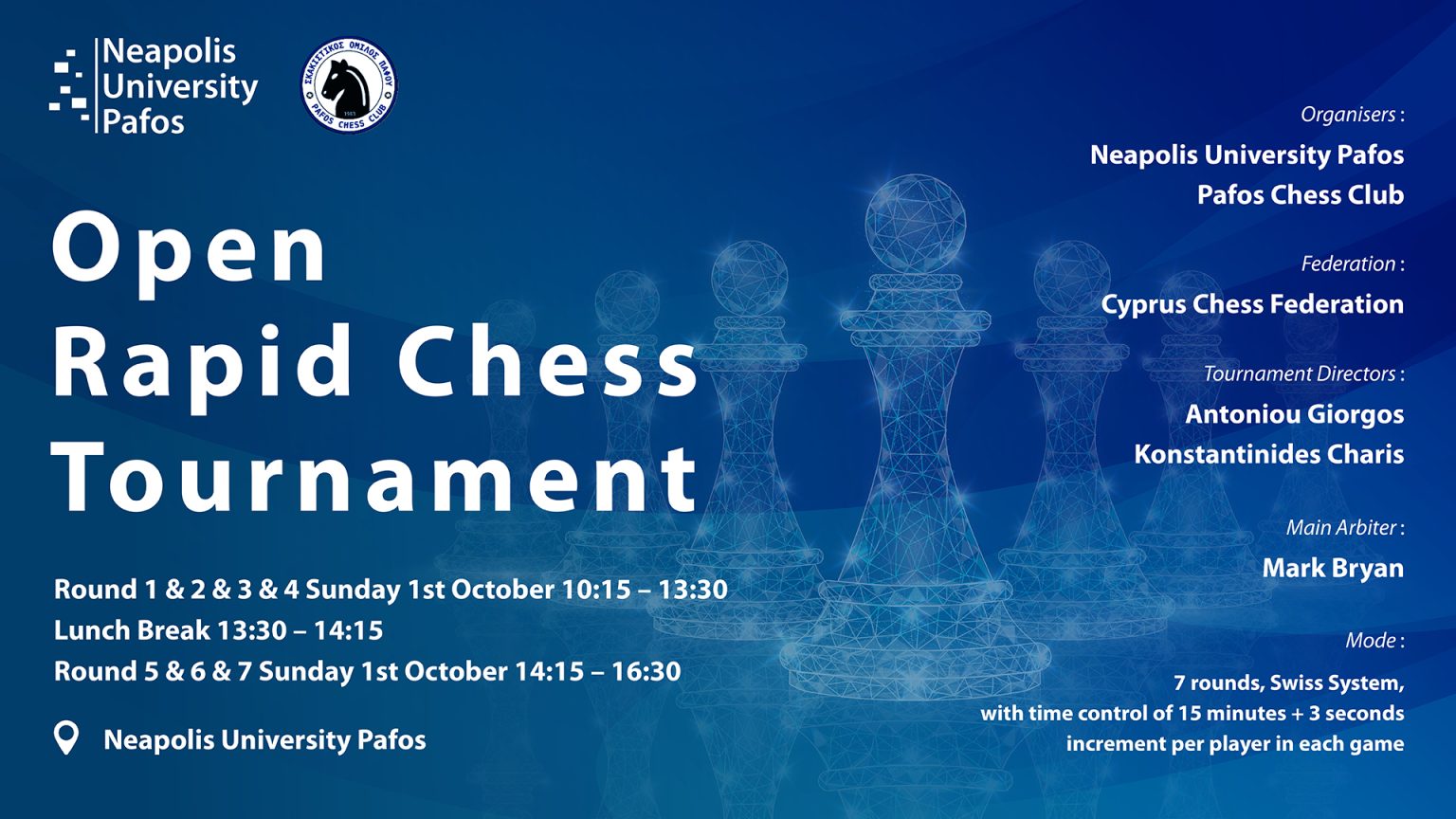 Open Rapid Chess Tournament Pafos: October 1, 2023 - NUP, Cyprus